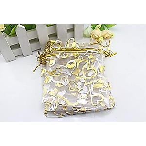 QIANHAILIZZ 100 pcs 3.5 x 4.7 Inch Flower Heart Organza Jewelry Gift Pouch Candy Pouch Drawstring Wedding Favor Bags (A white with gold heart)