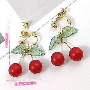 Cute Cherry Clip on Fruit Earrings for Women Red Cherry Ear Clips Dangle Drop Jewelry (1 Pairs)