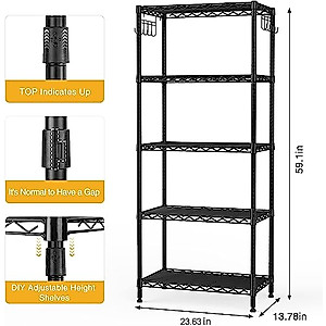 LEHOM 5-Tier Metal Storage Shelves Wire Shelving Unit Storage with Adjustable Leveling Feet for Laundry Bathroom Kitchen,Steel Organizer Wire Rack 220 LBS Capacity(23.63" L×13.78" W×59.1" H)