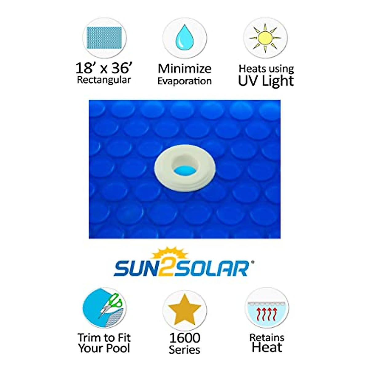 Sun2Solar Blue 18-Foot-by-36-Foot Rectangle Solar Cover Heat Retaining Blanket | 1600 Series with 6-Pack of Grommets Bundle | In-Ground and Above-Ground Rectangular Swimming Pool | Bubble-Side Down
