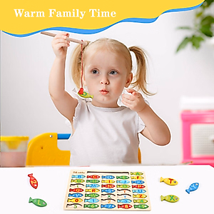 Slotic Magnetic Wooden Fishing Game Toy for Toddlers - Alphabet ABC Fish Catching Counting Learning Education Math Preschool Board Games Toys Gifts for 3 4 5 Years Old Girl Boy Kids
