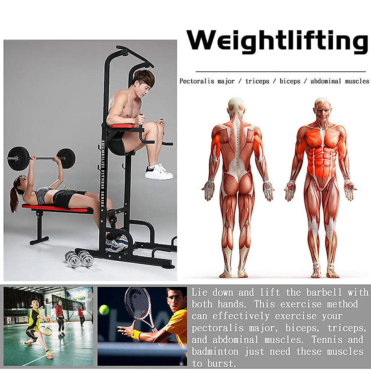 KDFJ Power Tower with Bench, Pull Up Bar Dip Station, Height Adjustable Pull Up Tower for Home Gym Strength Training Exercise Workout Equipment-S3