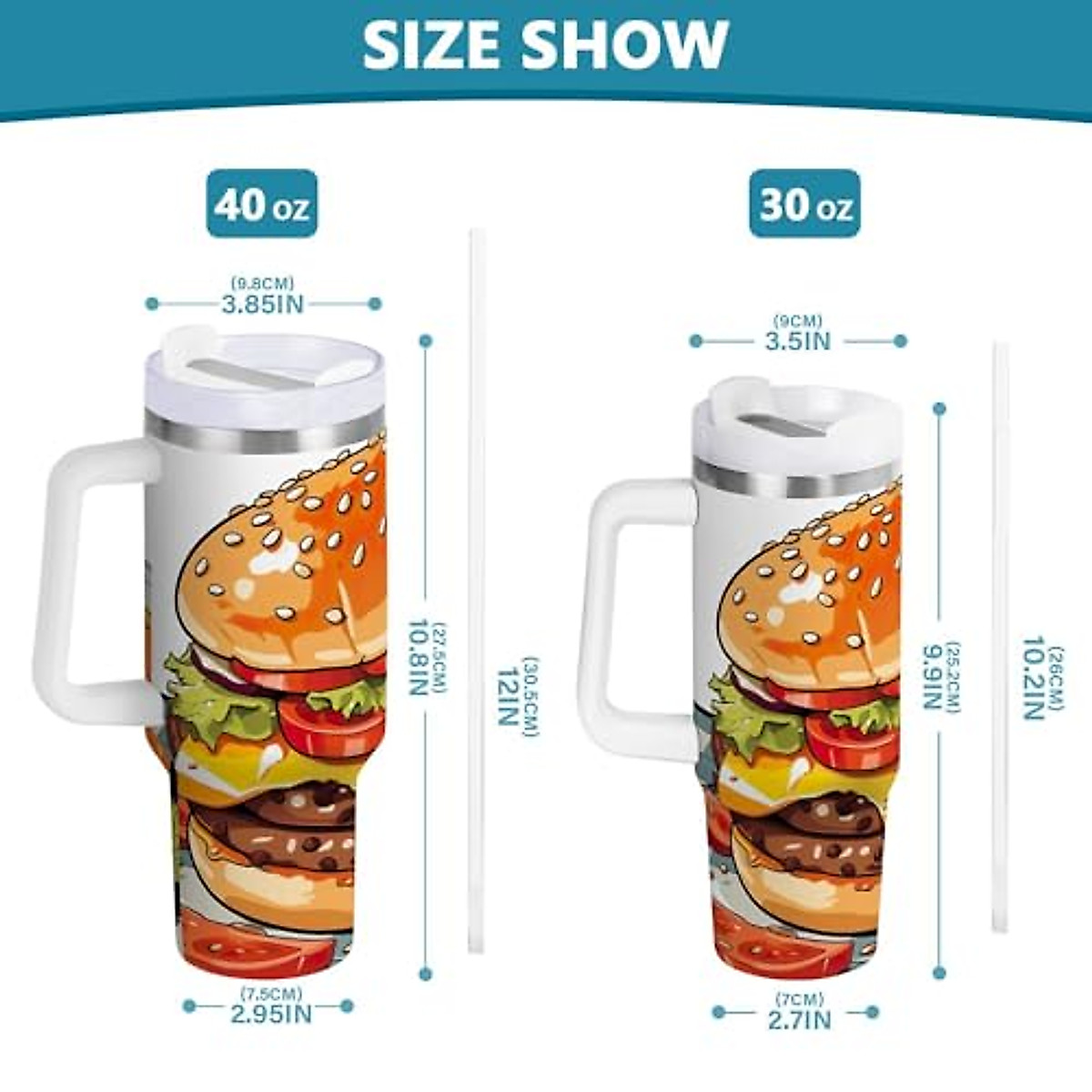 Jihqo Cartoon Burger 40 oz Stainless Steel Vacuum Insulated Tumbler with Handle and Straw Lid, Leakproof Water Bottle Double Wall Travel Mug Coffee Cup, Cupholder Friendly