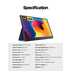 C-FORCE Display CF011X Pro4 15.6-inch UHD 4K IPS 8 bit USB-C HDMI 3840x2160 Screen 60Hz with USB-C RadomPlug Monitor for Xbox, Playstation, Nintendo Switch, Mac, S20