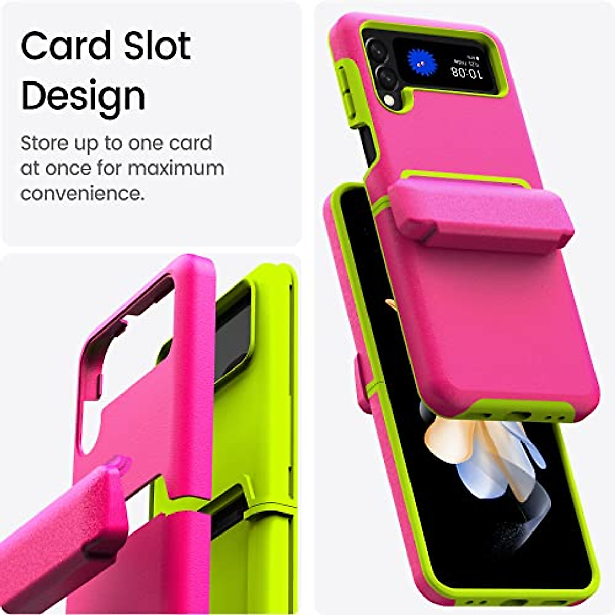 X-FOUR Compatible with Galaxy Z Flip 4 Case with [ Card Slot ] [ Hinge Protection ] for Samsung Galaxy Z Flip 4 5G Case with Card Holder Hard PC Shockproof Protective Cover - Neon Pink