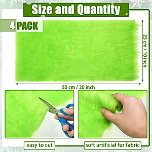 4 Pcs Christmas Faux Fur 10 x 20 Inch Faux Fur Fabric Squares Shaggy Fluffy Fabric Patches Ultra Soft Plush Craft and Hobby Fabric Craft Supply, Halloween Costume, Decoration (Green)