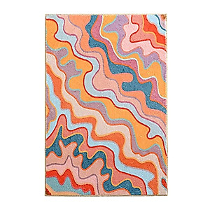 YoKii Vintage Abstract Small Area Rug 2x3 Faux Wool Hippie Aesthetic Colorful Striped Geometric Non-Slip Bathroom Rubber Backed Throw Rug for Kitchen Entryway Indoor Doormat, Orange and Blush