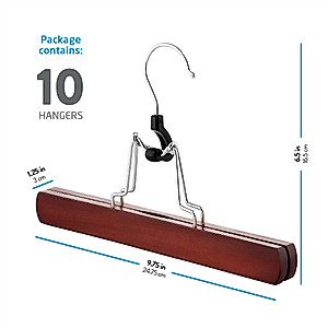ZOBER High-Grade Wooden Pants Hangers with Clips, 10 Pack, Non-Slip, Space Saver, Rotatable 360 Hook, Smooth Cherry Wood Finish
