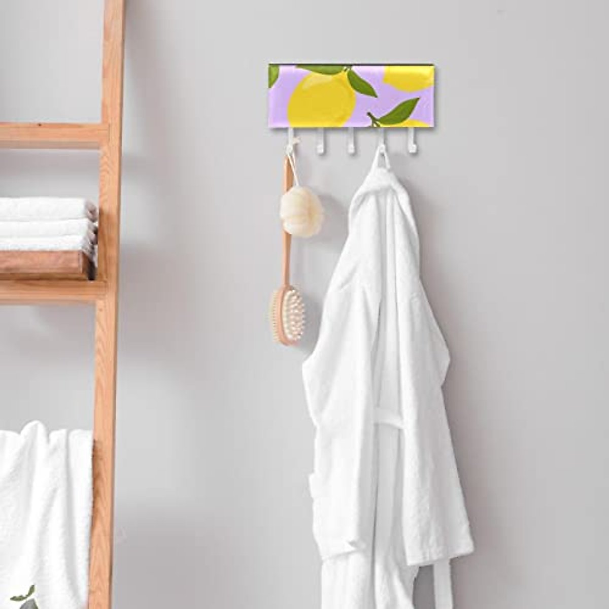 Colorful Hand Drawn Lemon Pattern Mail Holder Organizer and Key Hooks PU Front, Self Adhesive Key Rack with 5 Hooks Perfect for Entryway, Hallway，Bathroom ，Kitchen