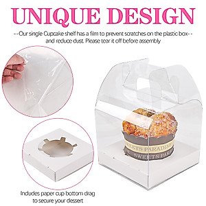 LOKQING 30 PCS Individual Cupcake Containers Single Cupcake Boxes with Handle and Inserts Clear Plastic Favor Boxes