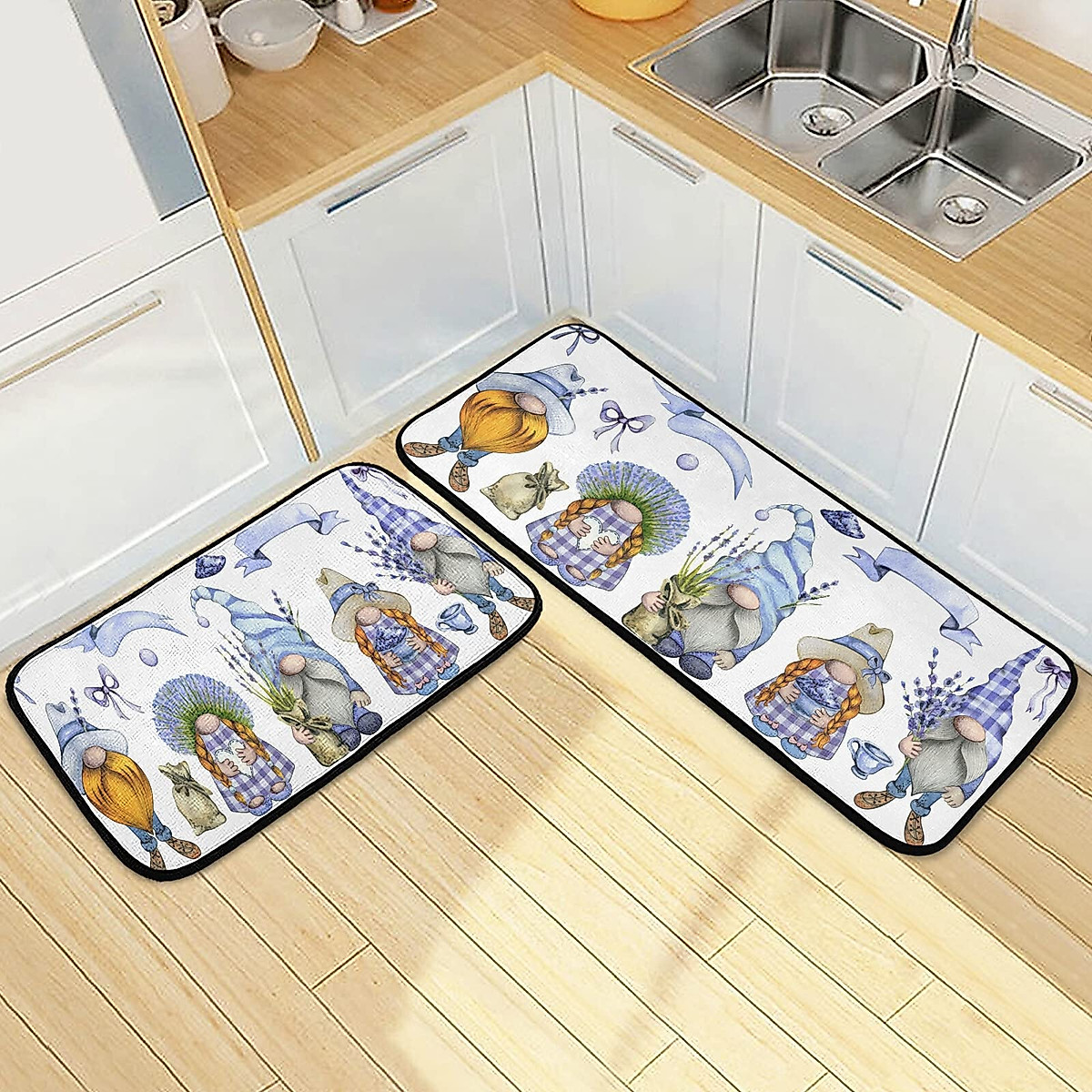 ALAZA Lavender Gnome Kitchen Mat Set 2Piece,Super Absorbent Kitchen Rugs Mats Non Slip Waterproof Easy Clean Carpets Rugs for Kitchen Floor Sink Laundry Runner Area Rug Carpet