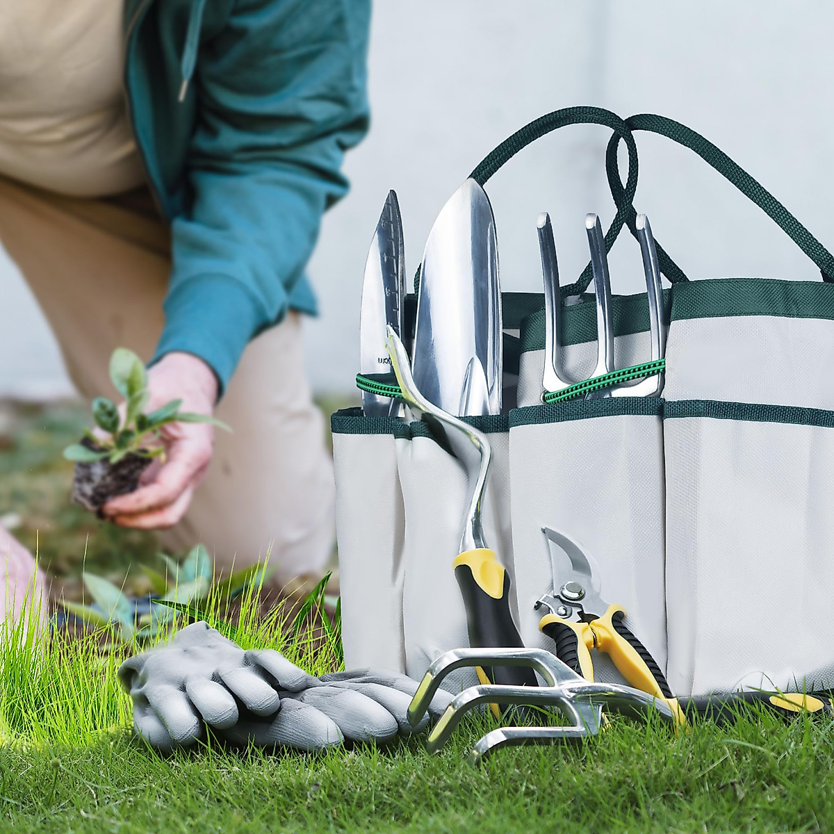 LETEEN Garden Tools, 9 Piece Heavy Duty Gardening Tools Set with Non-Slip Rubber Grip, Stainless Steel Garden Tool, Gifts for Kids, Women, Husbands, and Parents