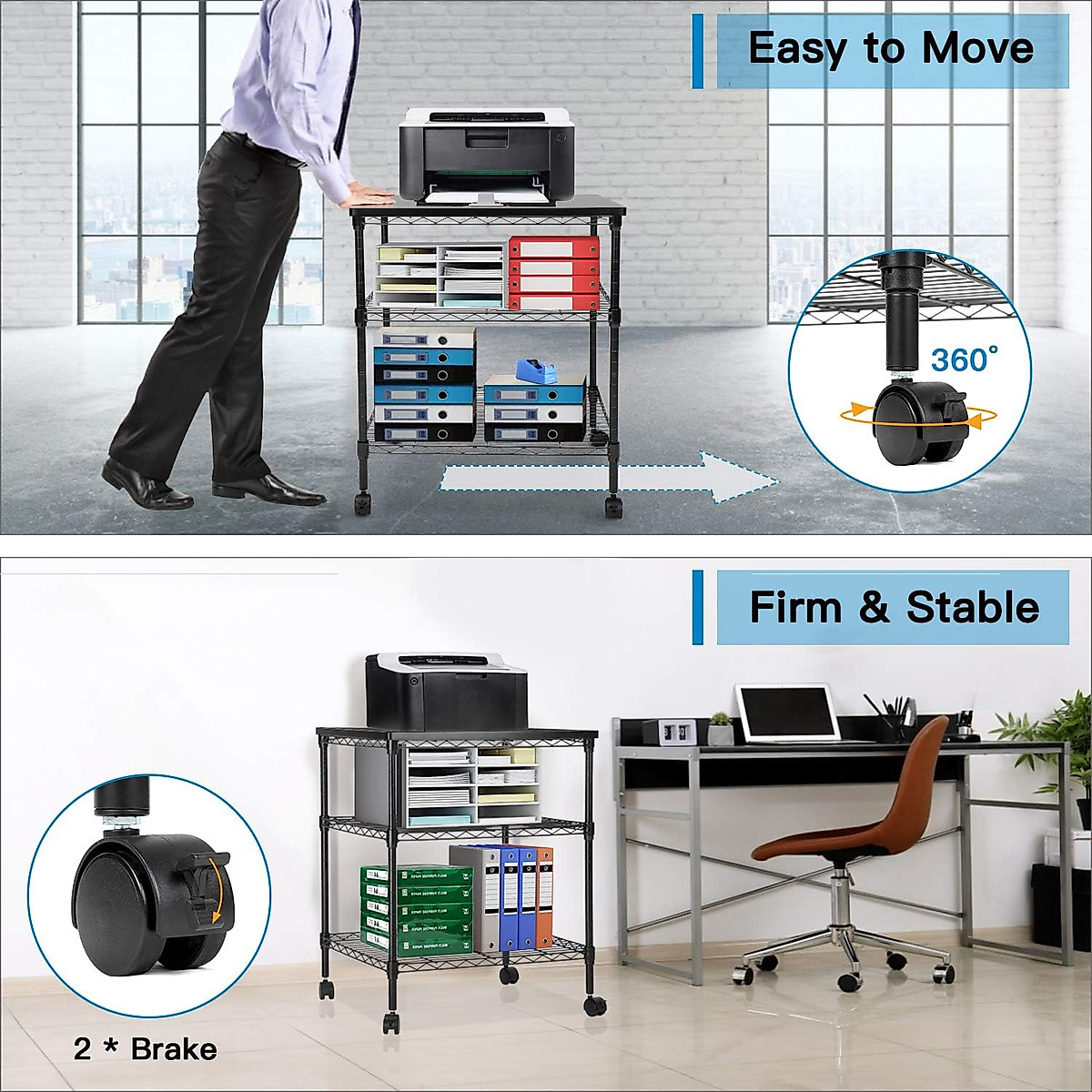 HUANUO Printer Stand, 3 Tier Printer Cart for Storage, Printer Table Holds up to 200lbs, Multifunctional Metal Utility Shelves, Workspace Desk Organizer, Rolling Cart for Home & Office Use, HNPS01