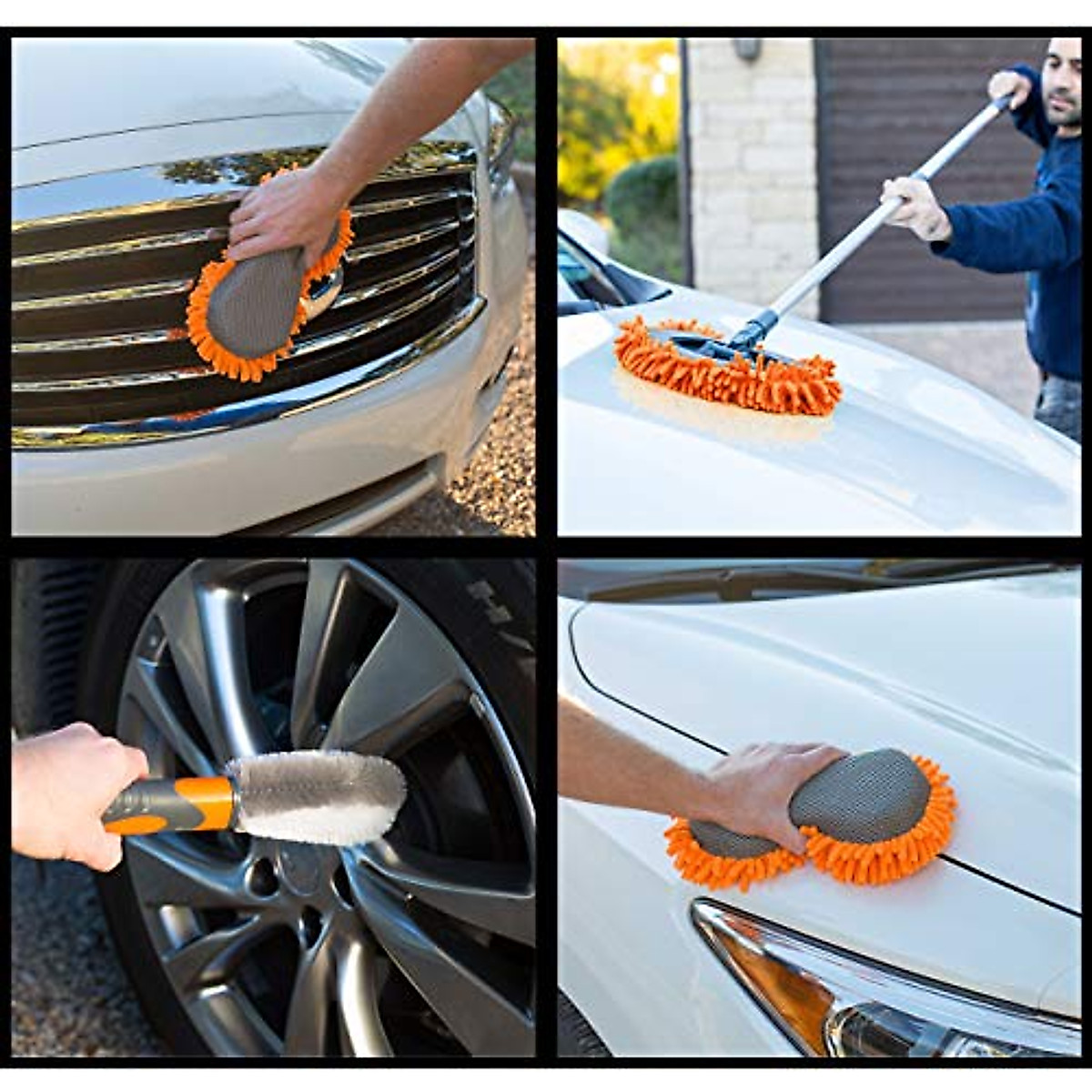 BIRDROCK HOME Car Wash Kit - Microfiber Cleaner - Tire Wheel Brush - Sponge - Duster - Extendable Cleaning Tool - Detailing Set