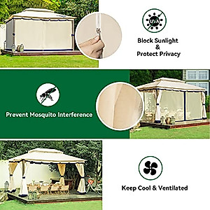 MEWAY Patio Gazebo 10x13 Gazebo with Mosquito Netting Aluminum Outdoor Gazebo Canopy with Curtains for Backyard Lawn Garden Deck, Beige Navy