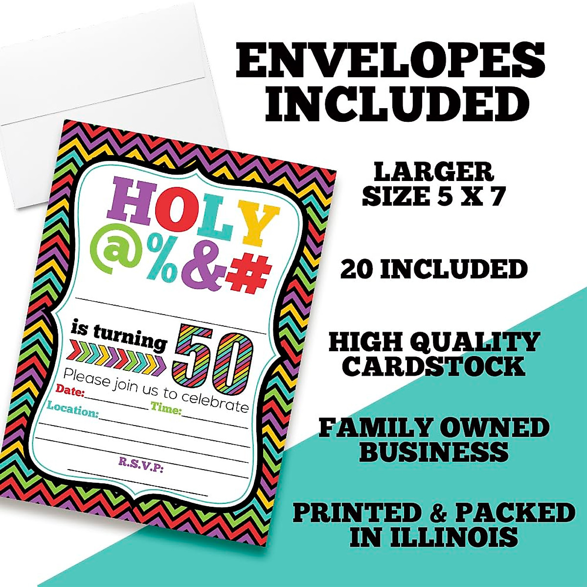 HOLY @% 50th Birthday Party Invitations, 20 Funny 5x7 Fill In Cards with Twenty White Envelopes for Milestone Birthdays by AmandaCreation