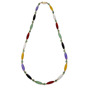 PalmBeach 14K Yellow Gold Genuine Multicolor Jade, Beaded and Barrel Link Strand Necklace (5mm), Fish Hook Clasp, 18 inches