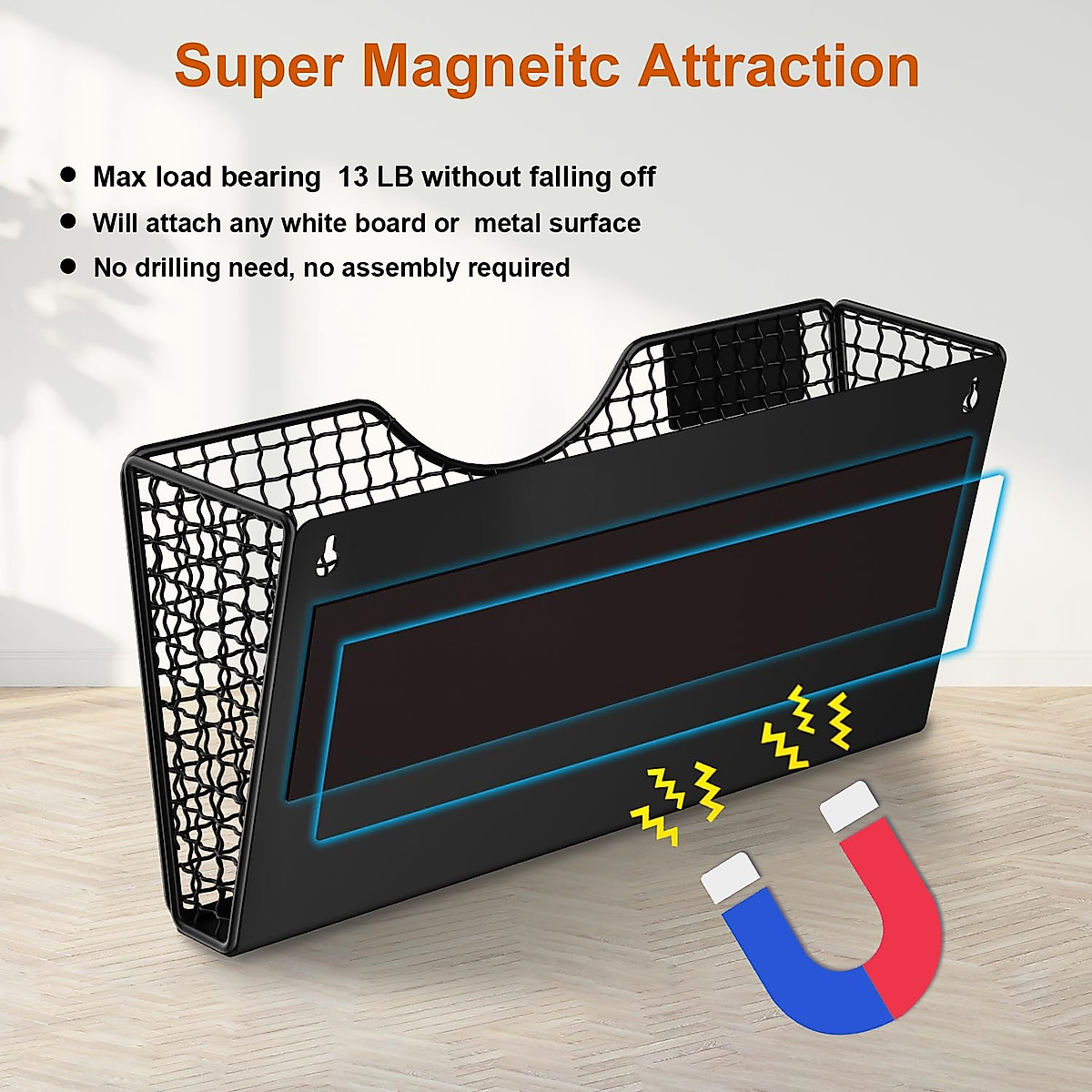 MFTEK Magnetic File Holder 2 Pockets File Folder Organizer, Office Hanging Magazine Rack for File Cabinets, White Board, No Drilling Paper Document Holder Mail Organizer for Refrigerator