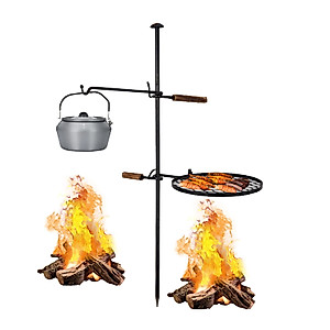 LINISHOP 2in1 Portable Campfire Grill Adjustable 360° Rotation Campfire Grill Fire Pit Grill Pan Rack BBQ Swivel Campfire Grill Charcoal Outdoor Camping Barbecue Tool Black New
