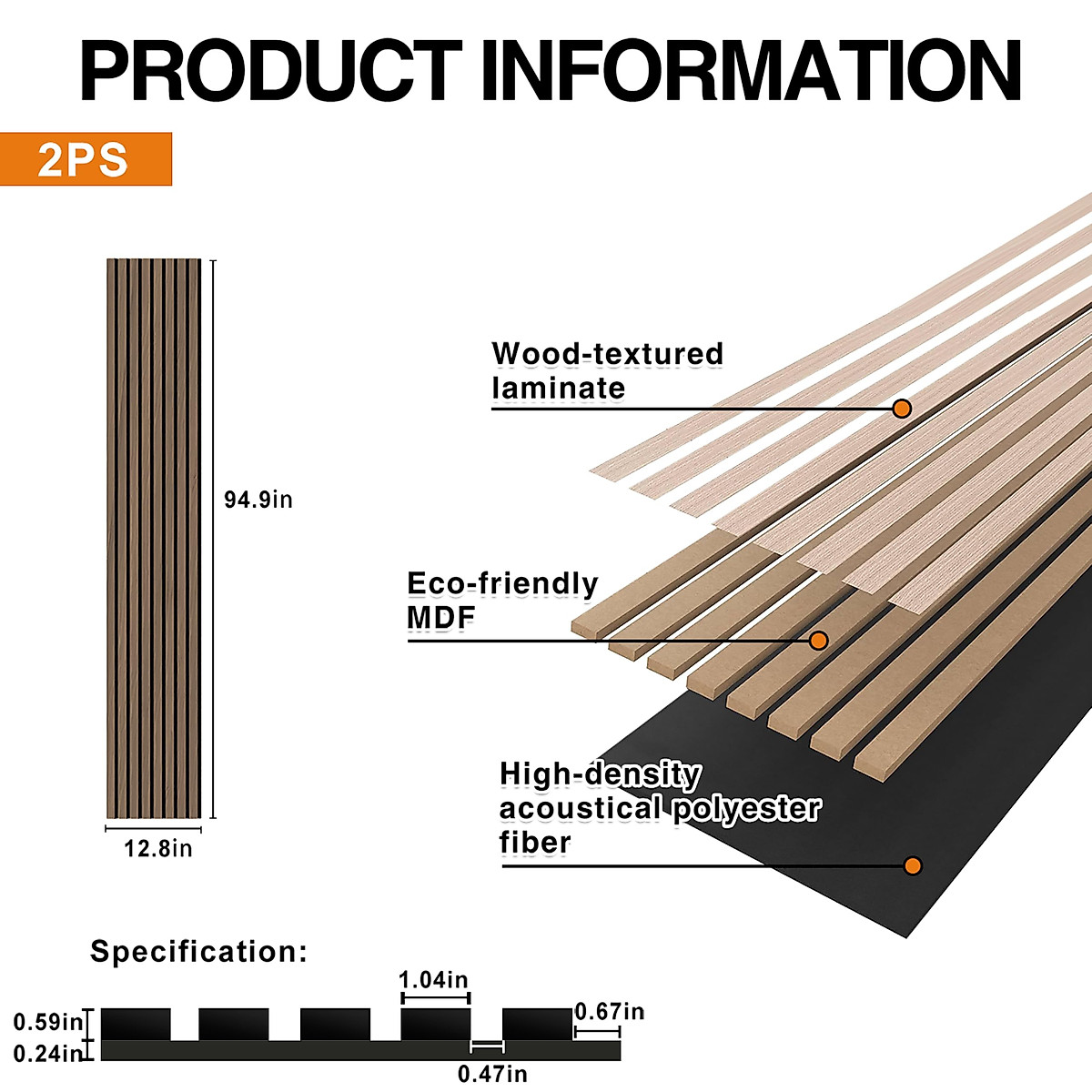 Acoustic Wood Wall Panels, 2-Pack 94.5" x 12.6" Soundproof Wall Panels, Wood Slat Wall Panels for Wall Decor, Walnut