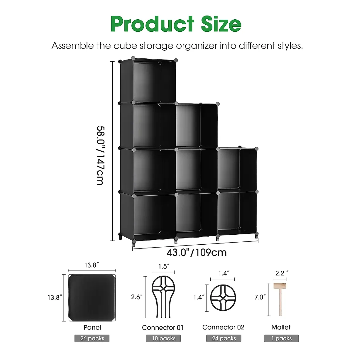 Puroma 9 Cube Storage Organizer, Black Modern Bookcase with Mallet DIY Closet Organizers and Storage, 12" x 12" x 12"