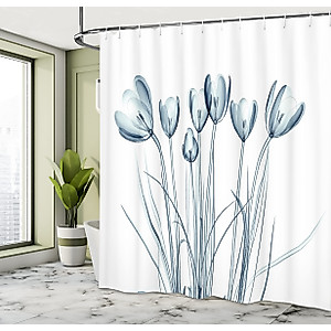 Ambesonne Flower Shower Curtain, X-ray Image of Tulips Solarized Effect Nature Inspired, Cloth Fabric Bathroom Decor Set with Hooks, 69" W x 75" L, Petrol Blue