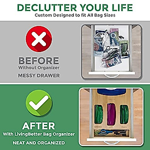 LivingBetter Bamboo Ziplock Bag Organizer for Drawer - Wooden Sandwich Bag Organizer for Drawer - Compatible with Gallon, Quart, Snack, Sandwich Storage Bags - Plastic Ziploc Bag Organizer for Drawer