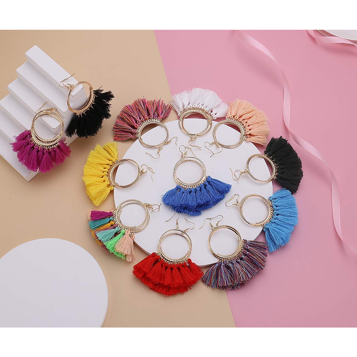 LANTAI 12 Pairs Bohemian Tassel Earrings for Women Trendy Colorful Fringe Summer Beach Statement Earrings