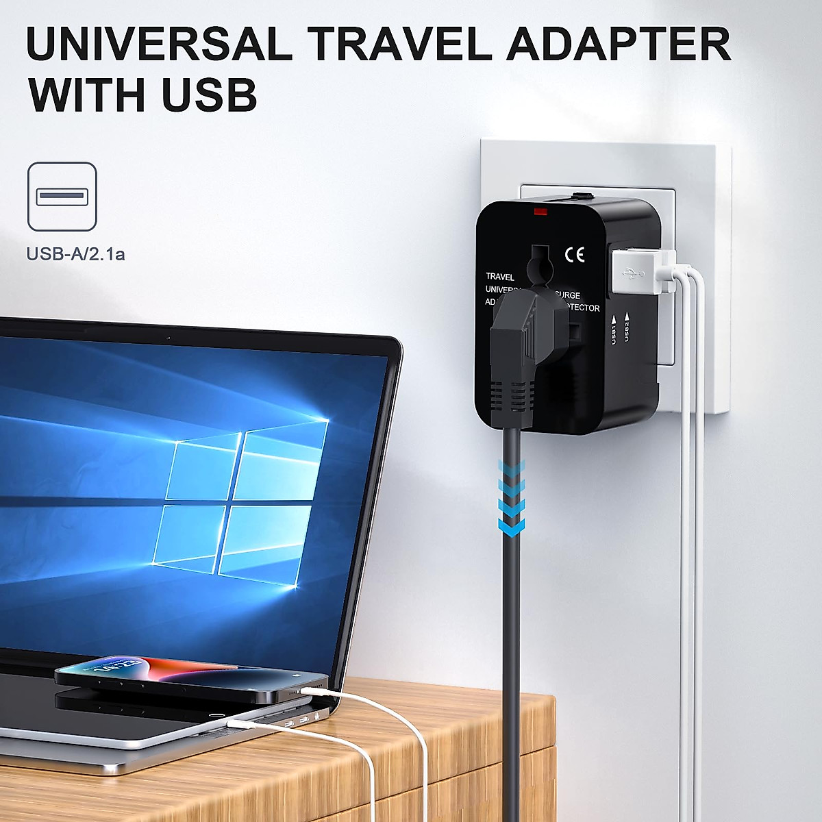 Universal Worldwide Travel Adapter,International Travel Plug Adapter with 2 USB Port and AC Socket,All in One Travel Adapter Power Adapter for US UK EU AU