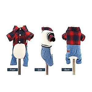 HOODDEAL Dog Clothes Plaid Dog Shirt Dog Outfit Overalls Jeans Jumpsuit with Warm Sweater Vest Two-Piece Cool Puppy Clothes for Small Dogs Boy (Medium, Red-Black)