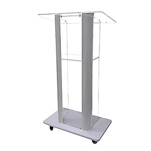 FixtureDisplays Clear Acrylic Plexiglass Podium Curved Steel Sides Church Pulpit School Lectern Debate Funeral Home Conference 14310-NF