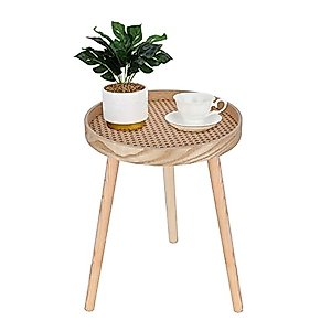 Small Side Table, Rattan Nightstand, Round End Boho Bedside Accent Mid-Century Modern Bed Tables for Living Room Bedroom Office Balcony(Natural Walnut)