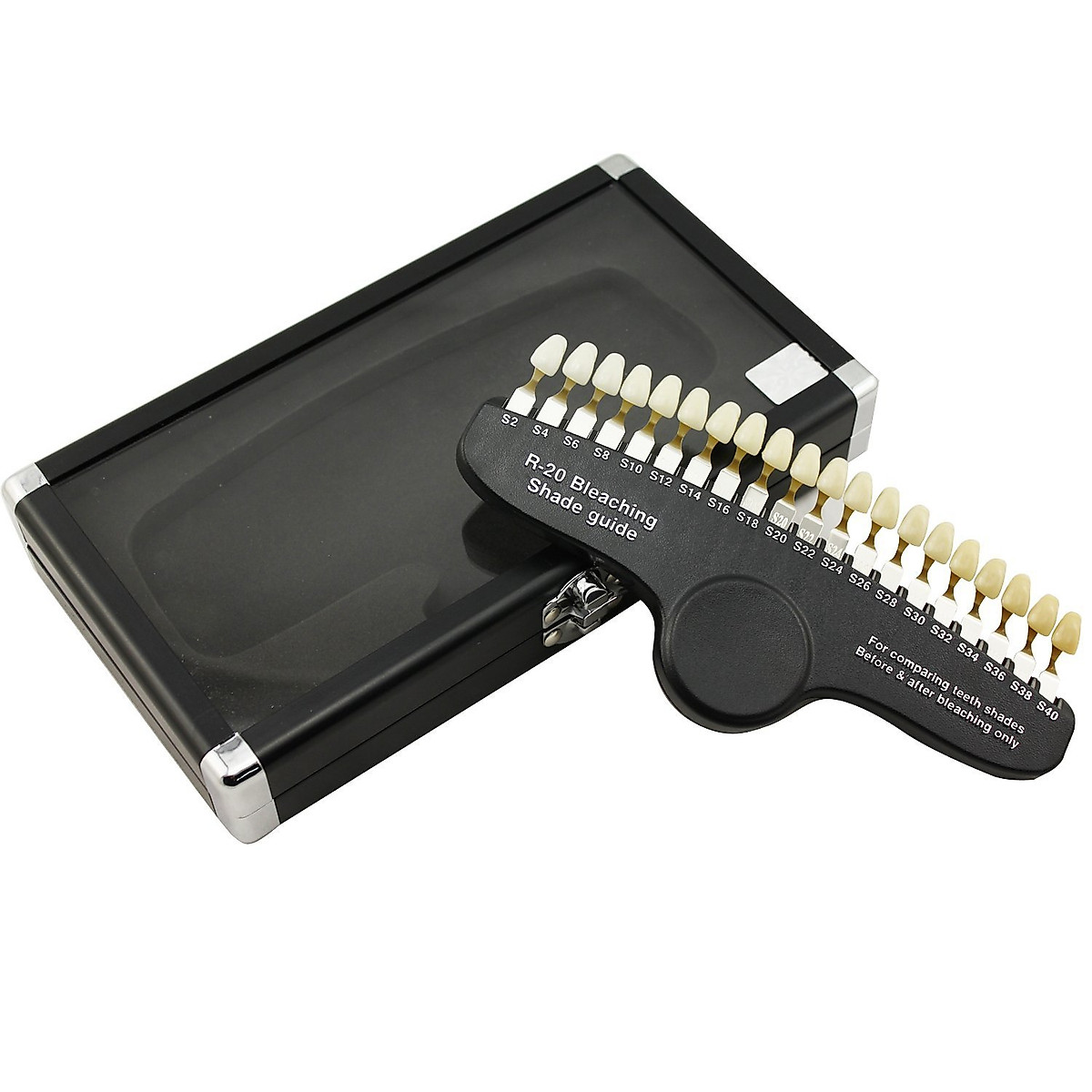 Professional 3D R-20 Teeth Whitening Shade Guide Dental 20 Colors Tooth Bleaching Shade Chart with Mirror Aluminum Case