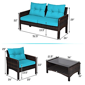 Tangkula 4 Piece Patio Furniture Set, Outdoor Wicker Conversation Set with Glass Top Coffee Table, All Weather Proof and Thick Cushions, Suitable for Porch, Garden, Poolside and Lawn (Turquoise)