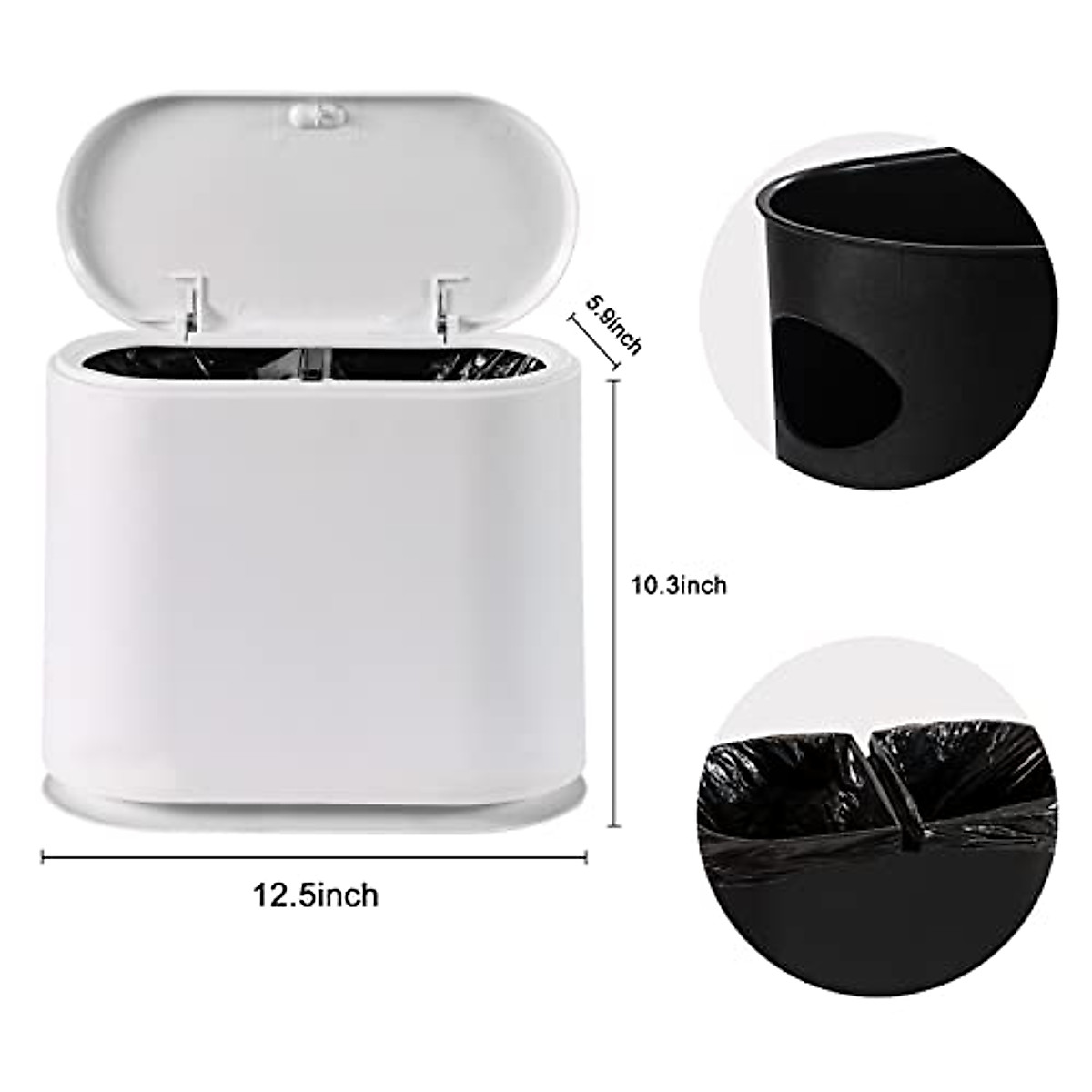 PENGKE Slim Plastic Trash Can 2.11 Gallon Garbage Can with Press Top Lid,8 L Wastebasket Trash Can,Removable Liner Bucket,White Modern Dispenser for Bathroom,Living Room,Bedroom