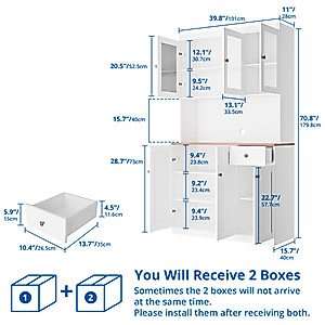 Cozy Castle Tall Kitchen Pantry Cabinet with Microwave Shelf, Modern Large Freestanding Sideboard Cupboard Kitchen Hutch Cabinet with Storage Countertop and Drawer for Dining Room, Living Room, White
