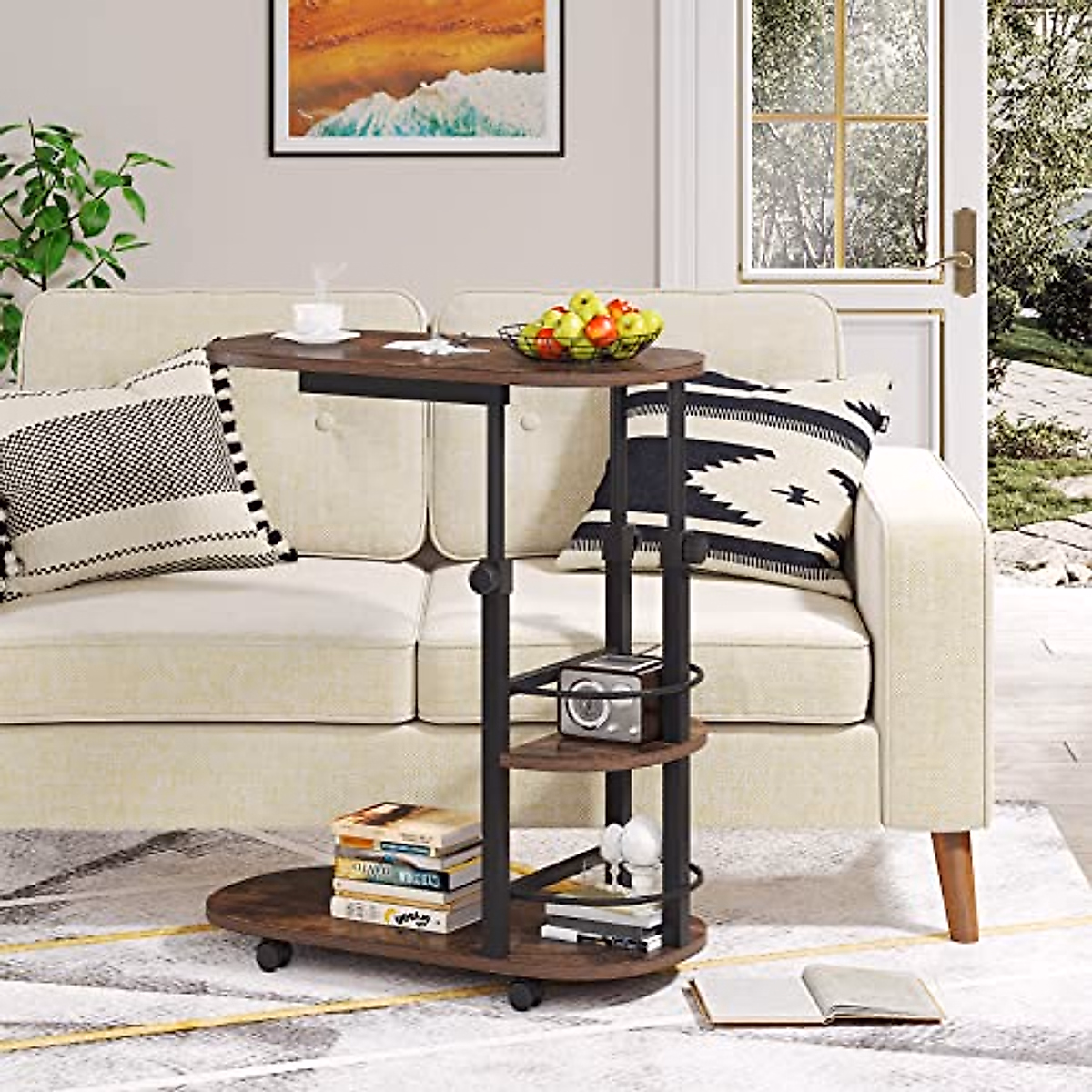 LITTLE TREE Side Height Adjustable C Table with Wheels, Black Rustic Brown