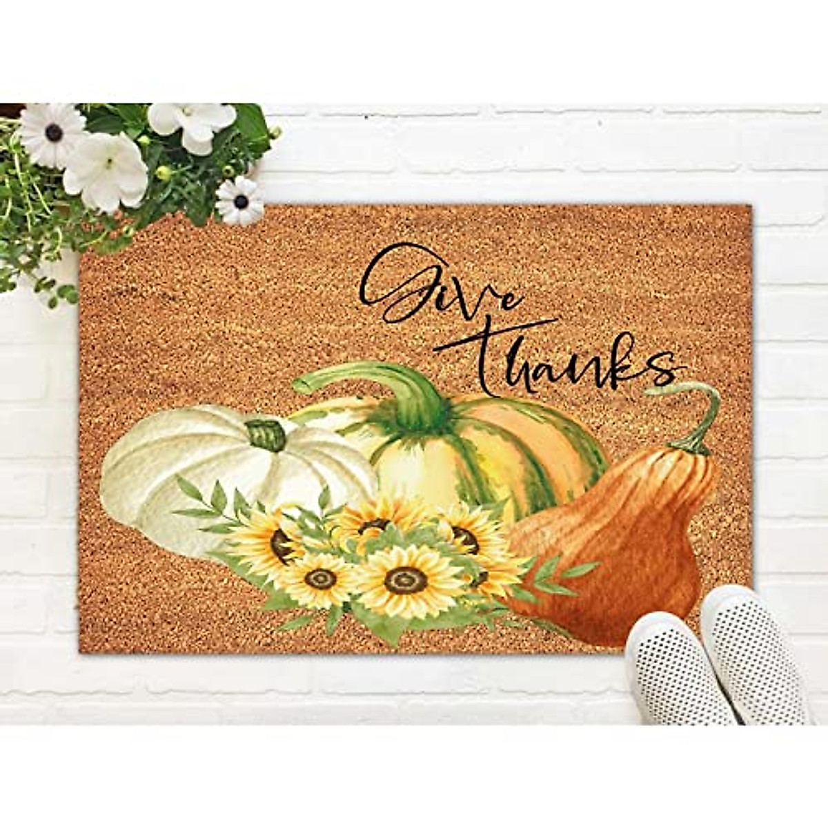 Welcome Rug Pumpkin Sunflower Fall Leaves Entryway Outdoor Floor Door Mat with Heavy Duty Backing Give Thanks Coir Mat Outdoor - Front Door Entryway Mats Welcome Home Gifts 16x24in