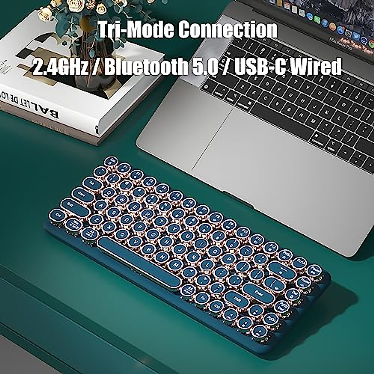 TISHLED Typewriter Keyboard Wireless 2.4GHz/Bluetooth/USB-C Wired Mechanical Gaming Keyboard with Gold LED Backlit 84-Key NKRO Hot Swappable Green Switches Retro Round Keycaps for Multi-Device