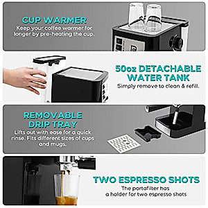 20 Bar Espresso Machine, Compact Espresso Maker with Milk Frother Wand, Professional Espresso Coffee Machine and Cappuccino Machine With 50 Oz Removable Water Tank for Cappuccino, Latte and Barista