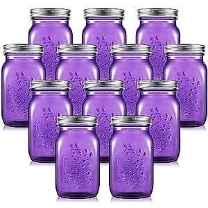 Tessco 12 Pieces 16 oz Colored Mason Jars with Lids Glass Regular Mouth Pint Canning Containers Kitchen Canisters for Food Storage, DIY Crafts, NOT Allowed Dishwasher (Purple)