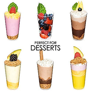 DLux 100 x 3 oz Mini Dessert Cups with Spoons, Shooter - Clear Plastic Parfait Appetizer Cup - Small Reusable Shooter Glass for Tasting Party Shooters Desserts Appetizers - With Recipe Ebook
