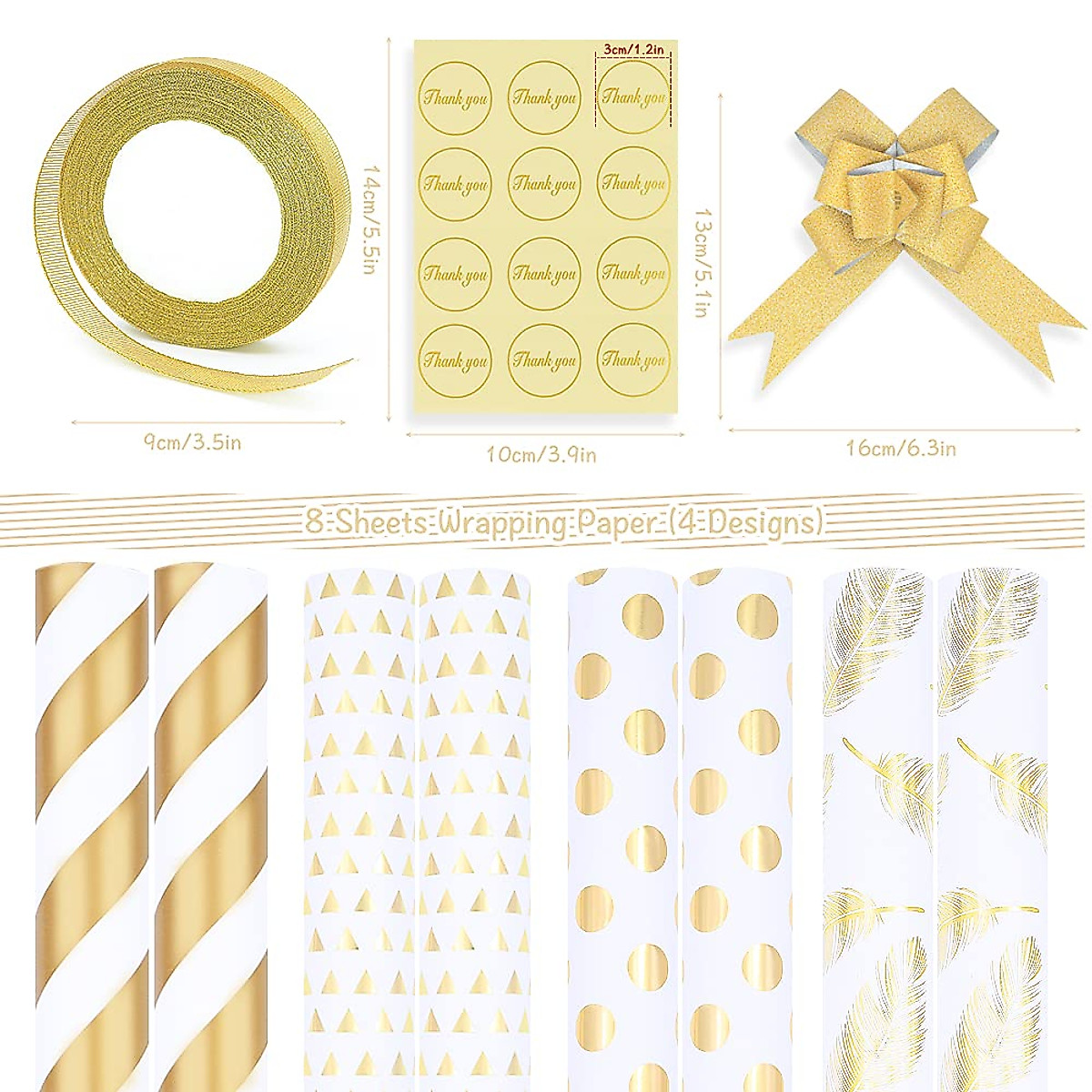 Gift Wrapping Supplies,8 Sheets White Gold Gift Wrapping Paper with 10 Pull Bows 24 Yard Glitter Ribbon and 12 Thank You Lable Sticker for Birthday Gift Wrap Christmas Gift Packing DIY Paper Craft