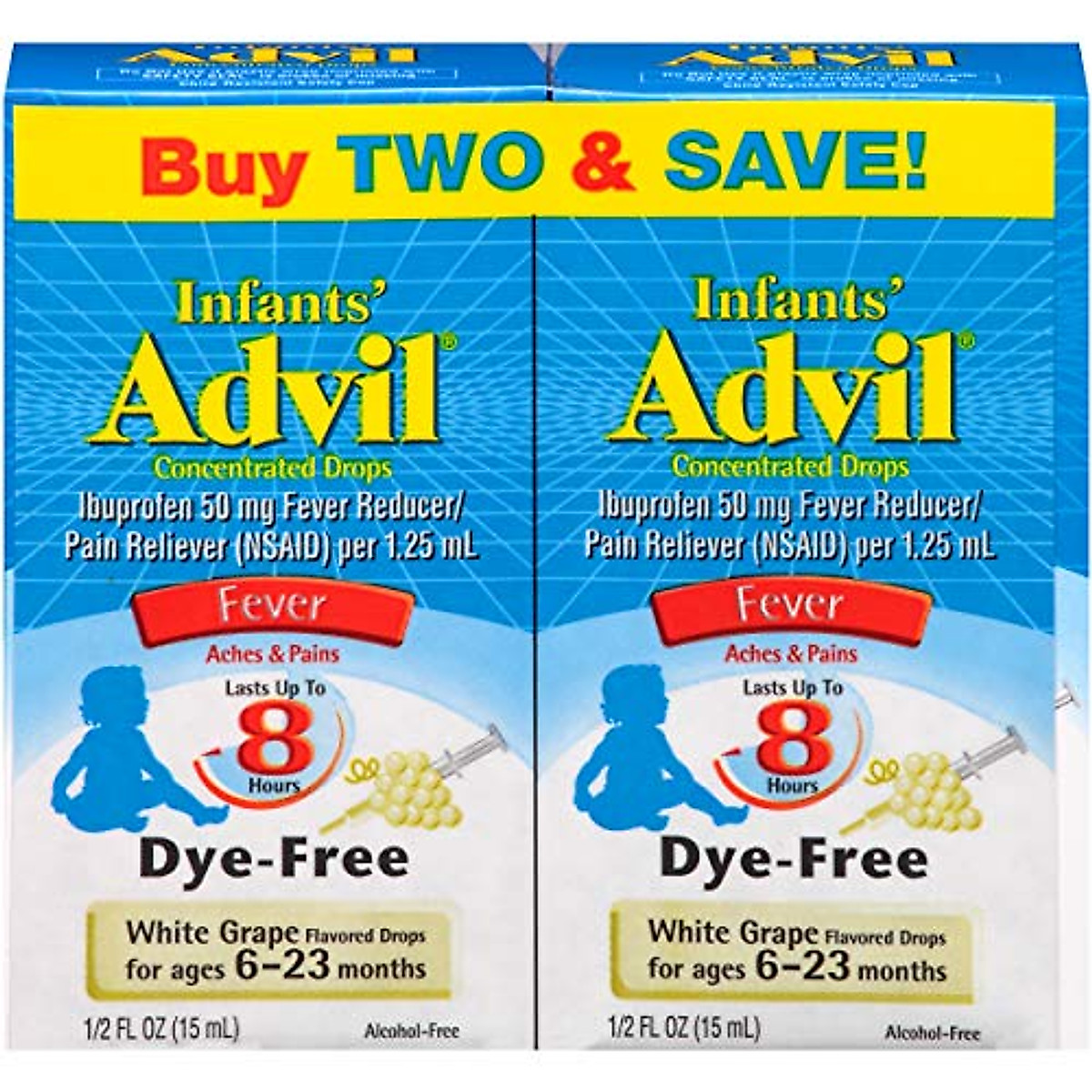 Advil Infants' Fever Reducer/Pain Reliever Dye-Free, 50mg Ibuprofen Concentrated Drops (White Grape Flavor, 0.5 fl. oz. Bottle, Pack of 2)