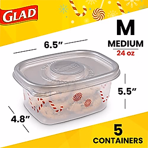 GladWare Soup & Salad Medium Rectangle Holiday Edition Food Storage Containers with Lids | 24 oz Holiday Containers with Silver Lids & Candy Cane Design, 5Ct | Airtight Food Storage Containers
