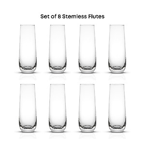 JoyJolt Milo Stemless Champagne Flutes Set of 8 Crystal Glasses. 9.4oz Champagne Glasses. Prosecco Wine Flute, Mimosa Glasses Set, Cocktail Glass Set, Water Glasses, Highball Glass, Bar Glassware