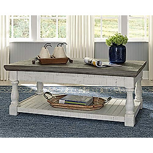 Signature Design by Ashley Havalance Farmhouse Lift Top Coffee Table with Fixed Shelf and 2 Hidden Storage Trays, Gray & White with Weathered Finish