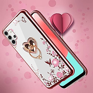 for Samsung Galaxy A32 5G Phone Case, Glitter Crystal Butterfly Heart Floral Slim TPU Luxury Bling Diamond Rhinestone Cute for Girls Women Case with Ring Stand+Strap for Galaxy A32 5G-Rose Gold