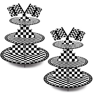 2 Set 3-Tier Race Car Cupcake Stand Round Cardboard Cupcake Tower Race Car Party Decorations Dessert Holder for Kids Boys Two Fast Birthday Baby Shower Black and White Checkered Party Supplies