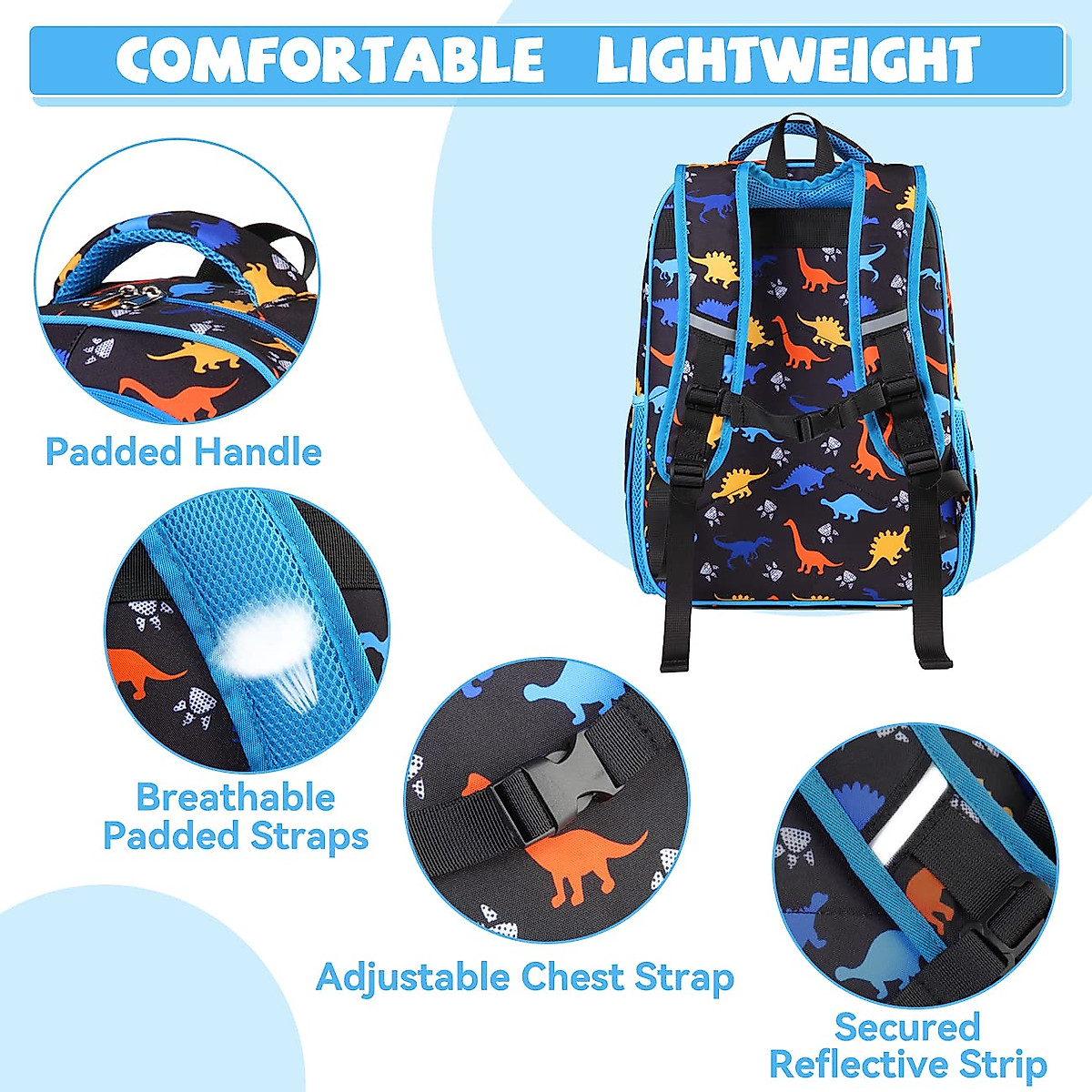 VASCHY School Backpack for Boys, 16in Water Resistant Backpack for Kids Preschool/Primary/Elementary School Bookbag with Tablet Sleeve Black Dino